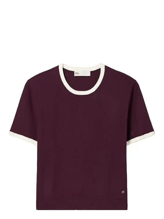 Tory Burch Contrast-trim Short-sleeve Sweater - Dark Merlot