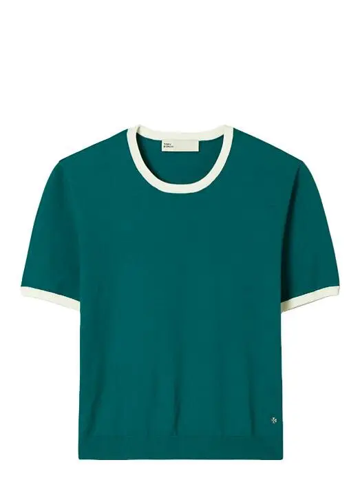 Tory Burch Contrast-trim Short-sleeve Sweater - Emerald