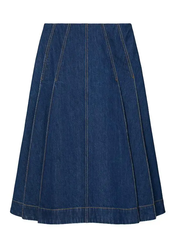 Tory Burch Pleated Denim Skirt - Dark Vintage Wash
