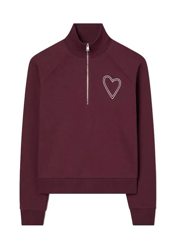 Tory Burch Pick Stitch Heart French Terry Sweatshirt - Dark Merlot