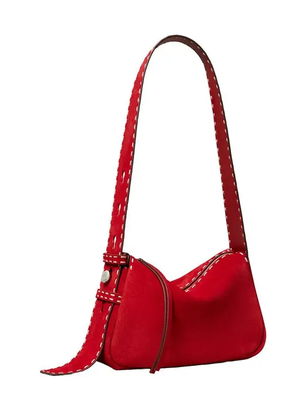 Tory Burch Small Romy Suede Pick Stitch Shoulder Bag - Toucan Red