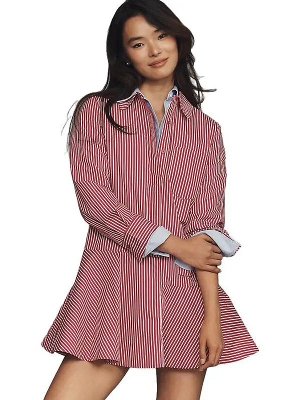 English Factory Long-sleeve Mini Shirt Dress - Burgundy