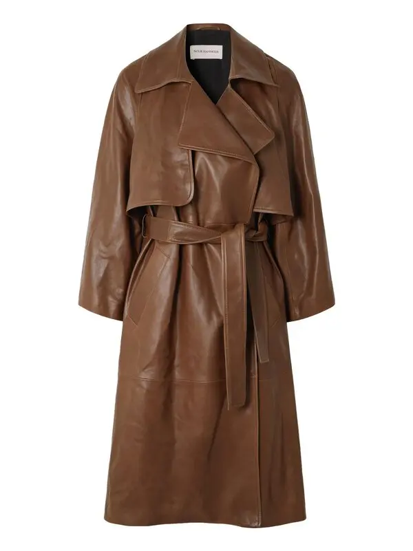 Nour Hammour Belted Leather Trench Coat - Brown