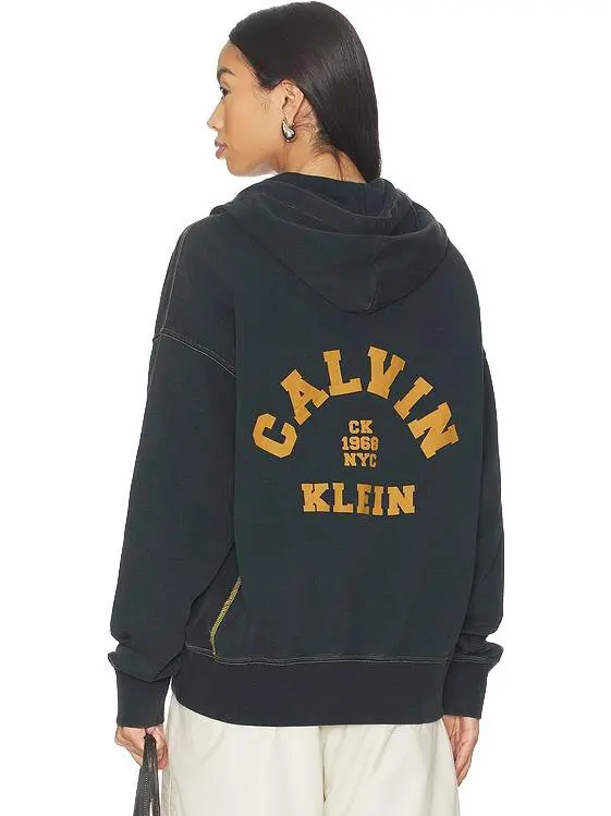 Calvin Klein Washed Premium Vintage Logo Zip Hoodie - Blue
