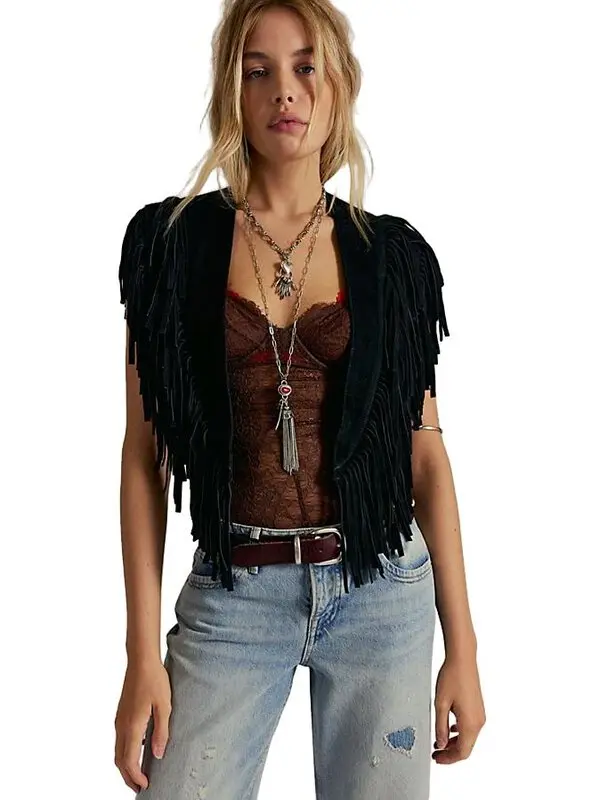 UNDERSTATED LEATHER Wide Eyes Suede Fringe Collar - Black