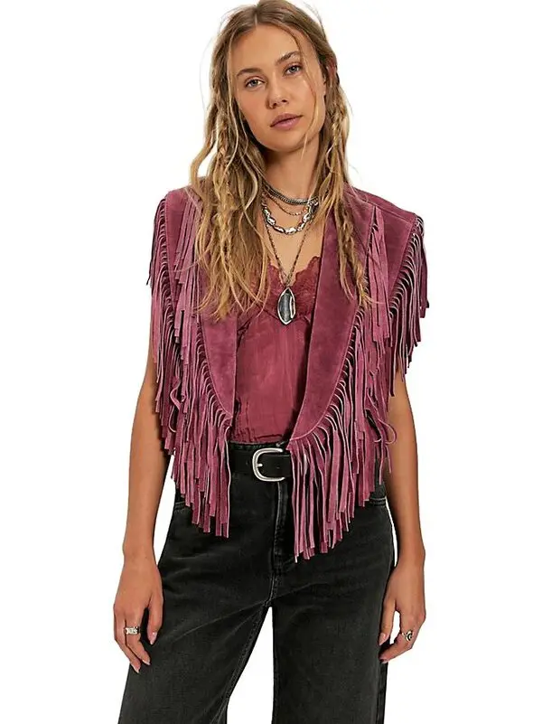 UNDERSTATED LEATHER Wide Eyes Suede Fringe Collar - Mauve