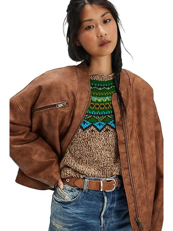 Free People We The Free Vinny Vegan Leather Bomber - Brown Sugar