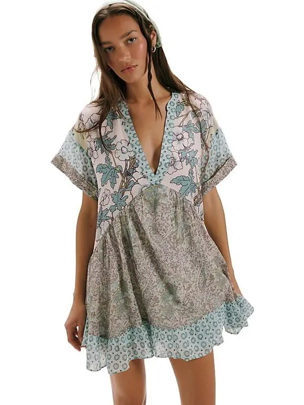 Free People Agnes Printed Mini Dress - Sage Combo
