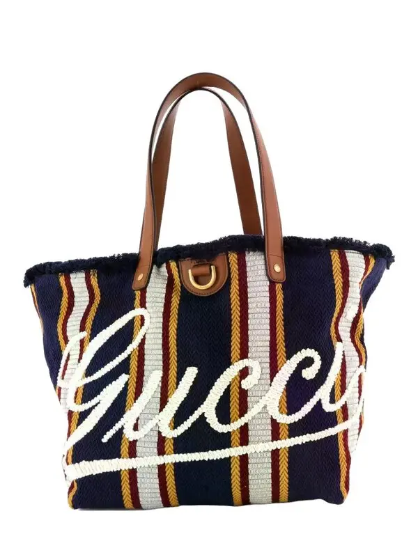 Gucci Script Open Embroidered Stripe Large Tote Bag - Blue