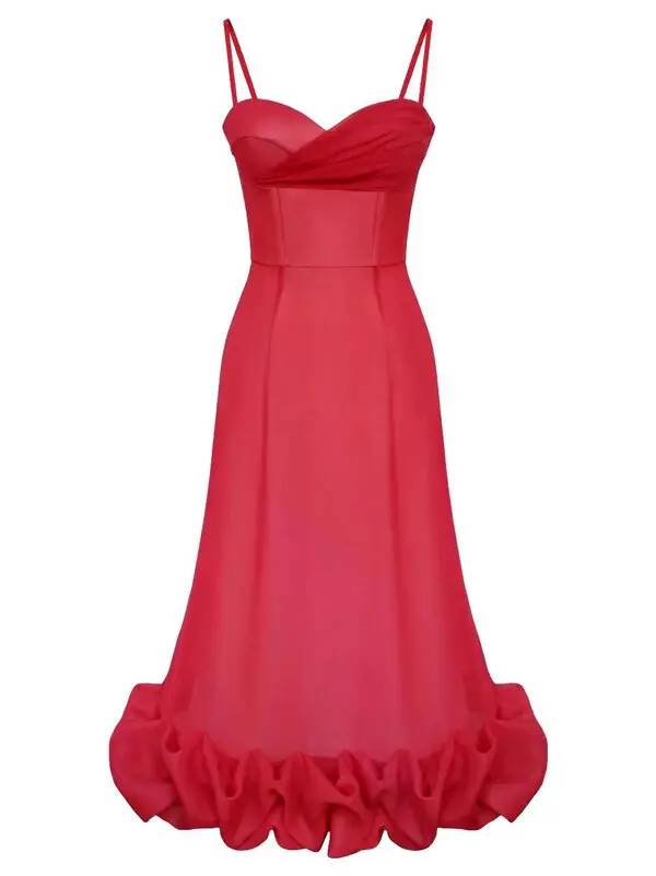POST MERIDIEM Draped Bodice Flounced Hem Midi Dress - Red