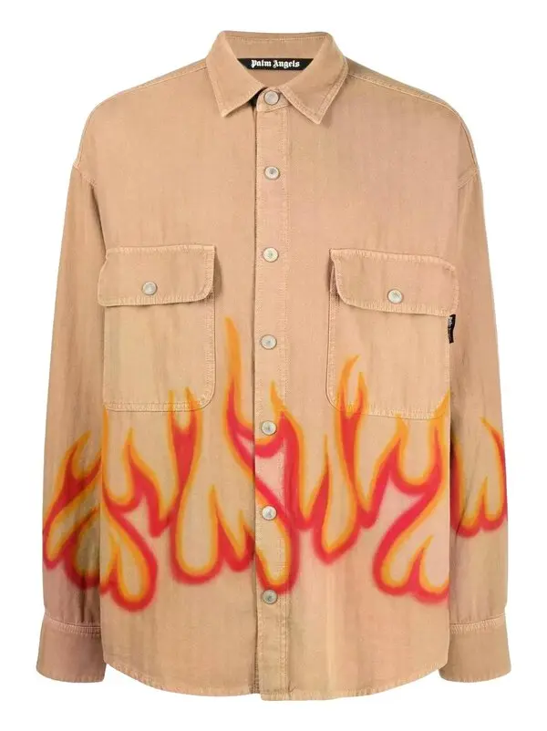 Palm Angels Flame-print Long-sleeve Shirt - Brown