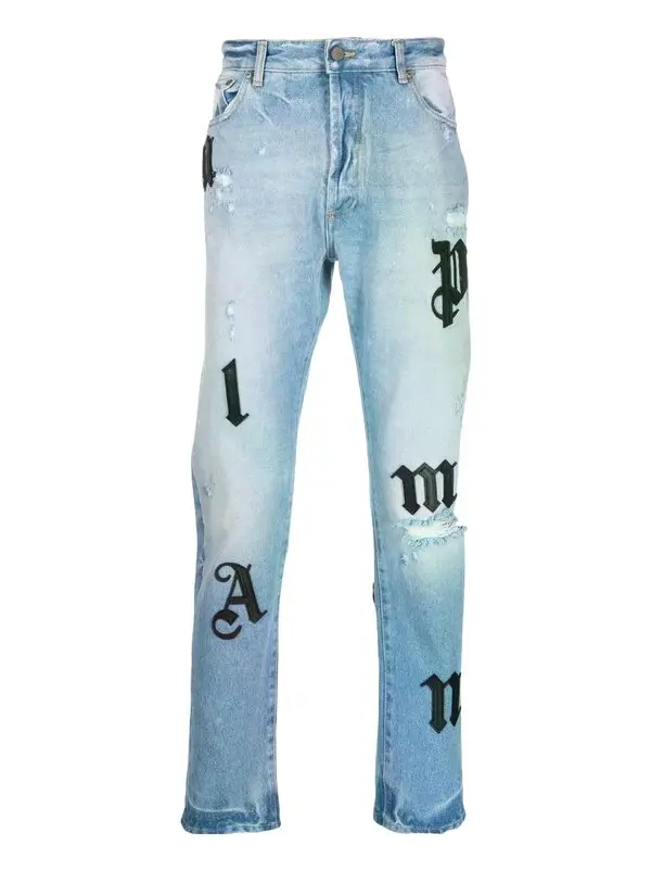 Palm Angels Logo-patches Straight-leg Jeans - Blue