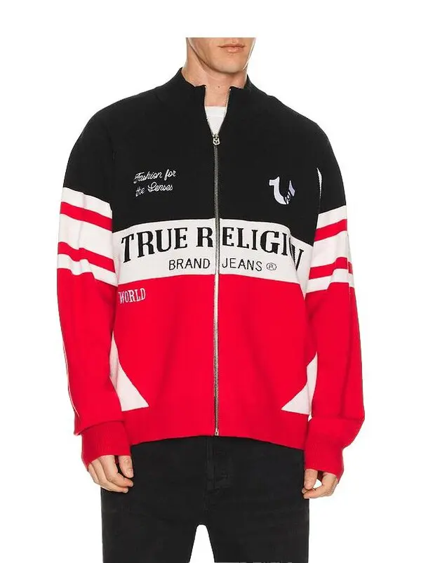 True Religion Racing Raglan Zip Sweater - Red  Black  & White