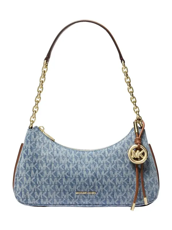 Michael Kors Nolita Medium Signature Logo Print Denim Chain Pochette - Blue