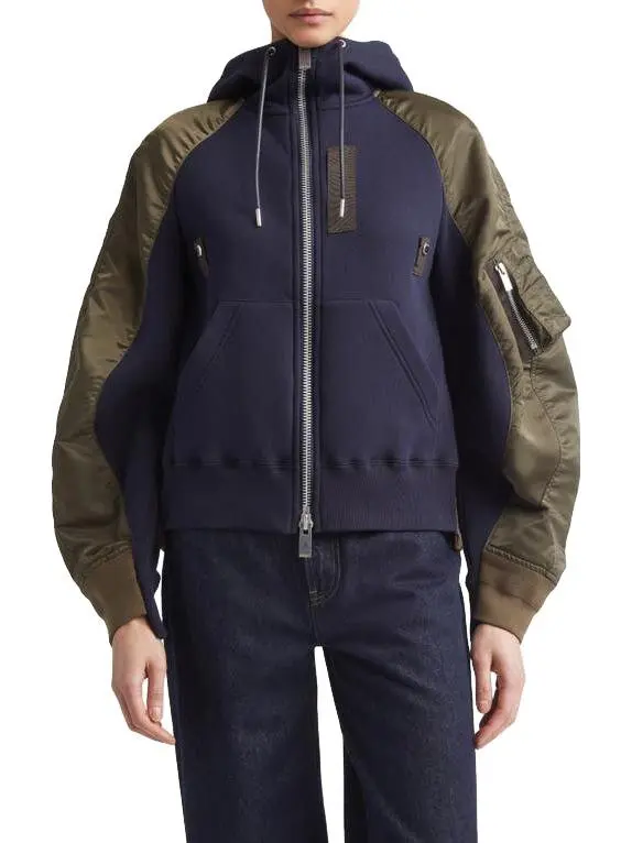Sacai Sponge Sweat X Nylon Twill Full Zip Hoodie - Navy/dark Khaki