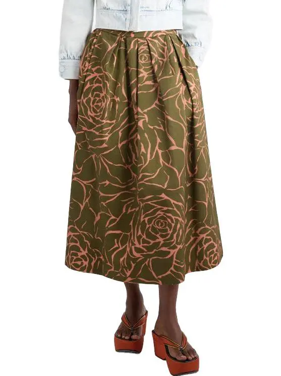 Dries Van Noten Soni Giant Couture Rose Print Cotton Poplin Skirt - Khaki