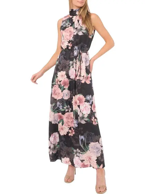 Ted Baker London Floral Tie Neck Maxi Dress - Black/coral Pink
