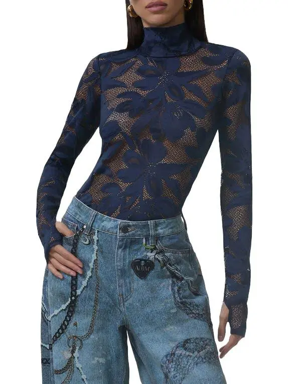 AFRM Zadie Turtleneck Sheer Lace Top - Black Iris