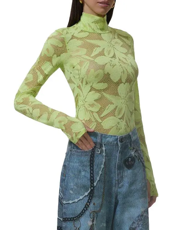 AFRM Zadie Turtleneck Sheer Lace Top - Lime Essence