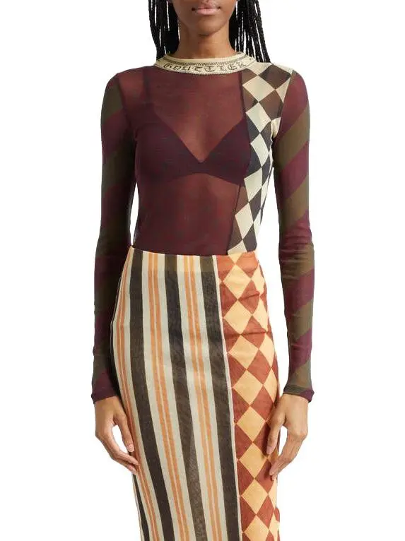 Jean Paul Gaultier Checkerboard Long Sleeve Mesh Top - Burgundy Multicolor