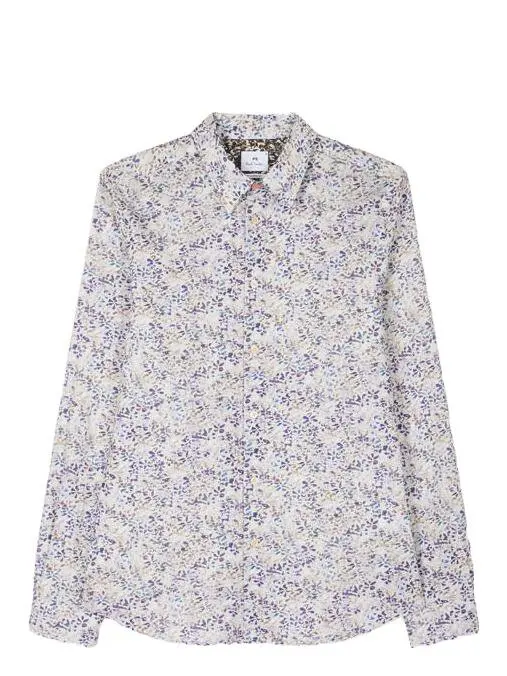 Paul Smith Tailored-fit White And 'textured Floral' Print Shirt - Blue