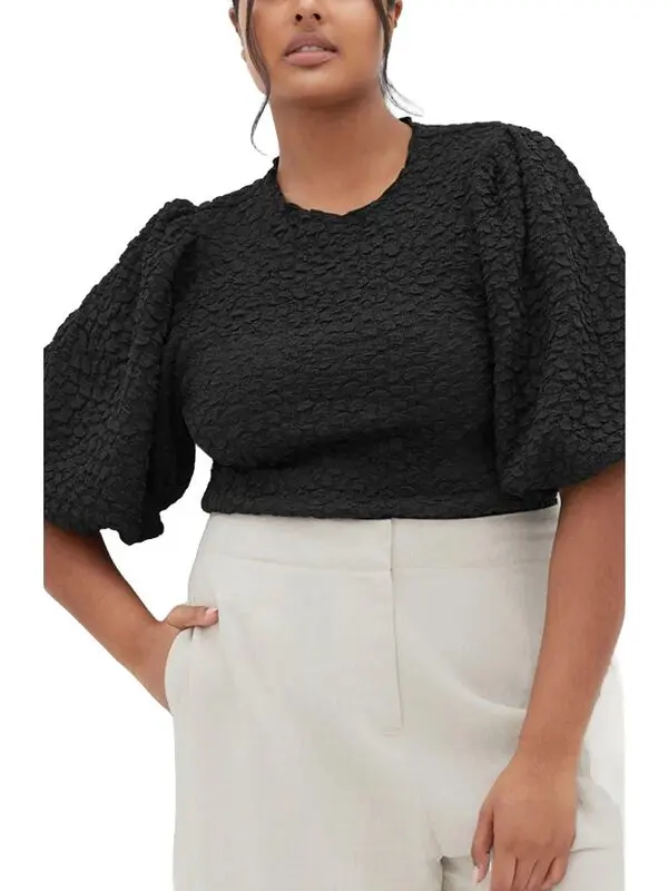 City Chic Textured Puff Sleeve Top - Black