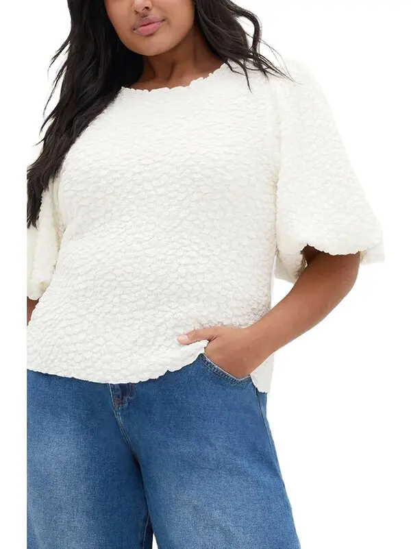 City Chic Textured Puff Sleeve Top - Ivory