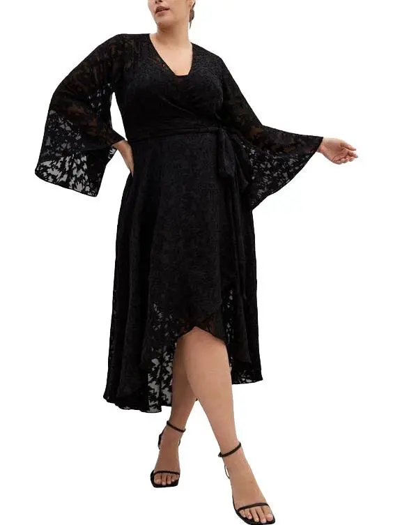 City Chic Fleetwood Long Sleeve Jacquard Wrap Dress - Black