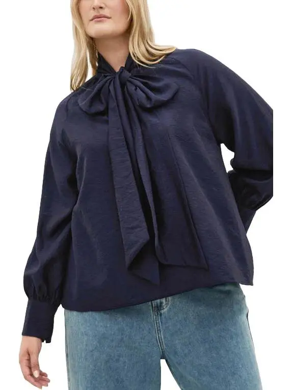 City Chic Kelsey Bow Neck Long Sleeve Top - Navy