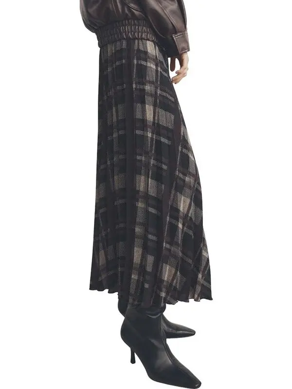 Mango Pleated Checkered Midi Skirt - Brown