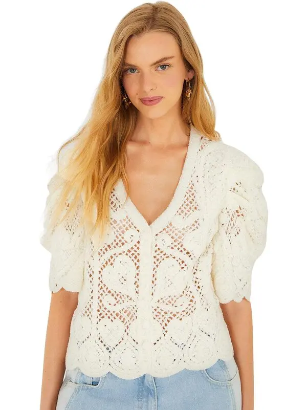 Farm Rio Rococo Hearts Crochet Cardigan - Sand