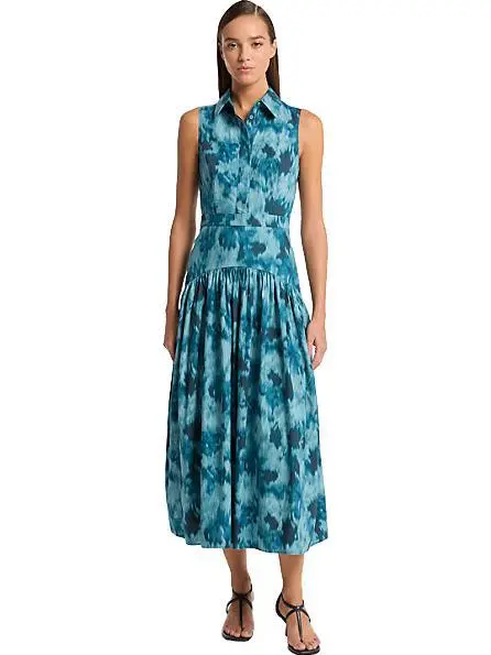 Michael Kors Floral Chiné Cotton Poplin Drop Waist Shirtdress - Blue