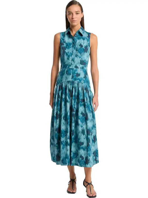 Michael Kors Floral Chiné Cotton Poplin Drop Waist Shirtdress - Blue