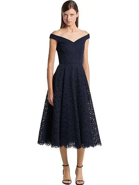 Michael Kors Corded Floral Lace Portrait-neck Dress - Blue