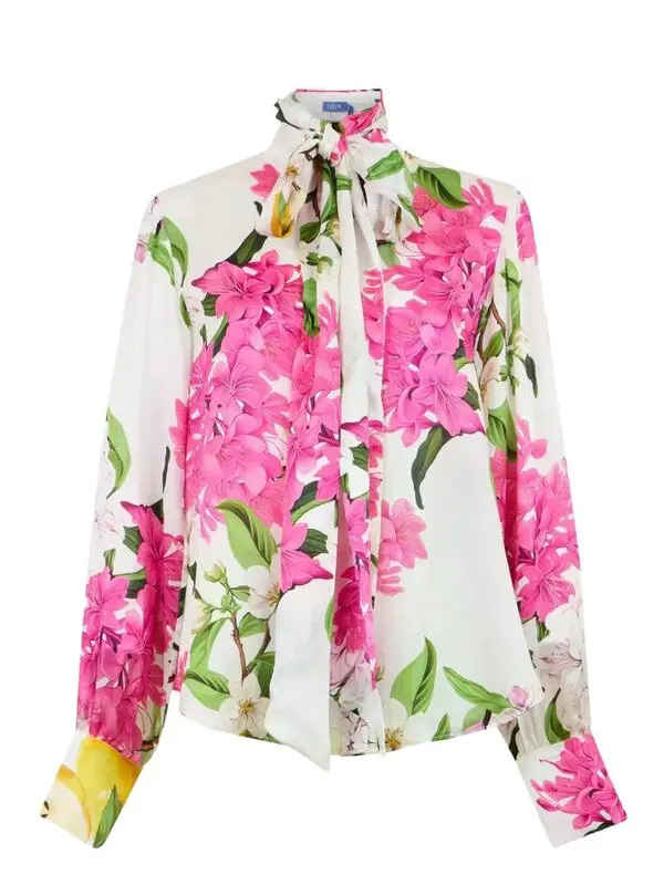 LEO LIN Floral Silk Tie-neck Blouse - White