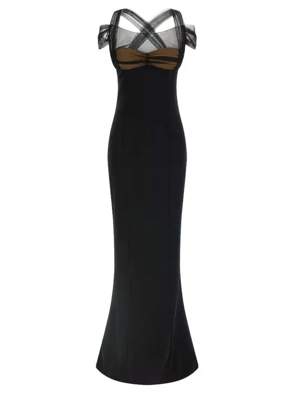 NENSI DOJAKA Draped Tulle Maxi Dress - Black