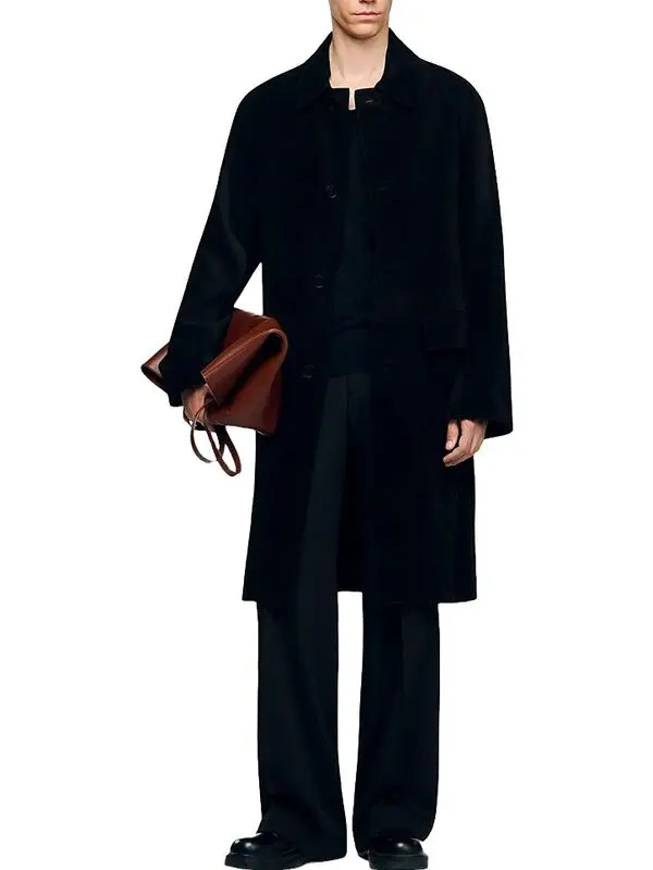 Sandro Arnold Oversized Leather Coat - Black