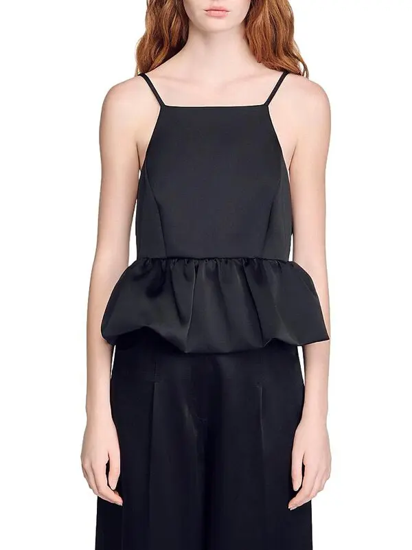 Sandro Ruffled Peplum Top With Bow Detail - Black