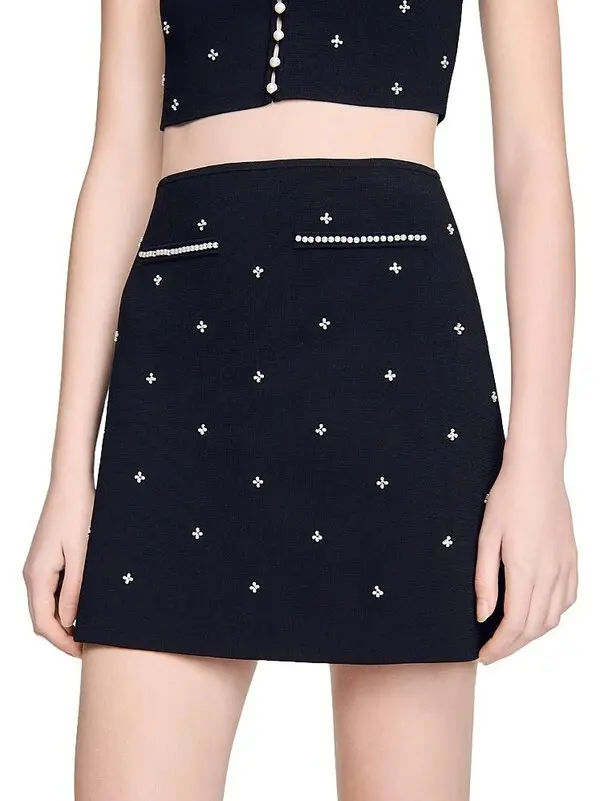 Sandro Rhinestone Embroidered Skirt - Black