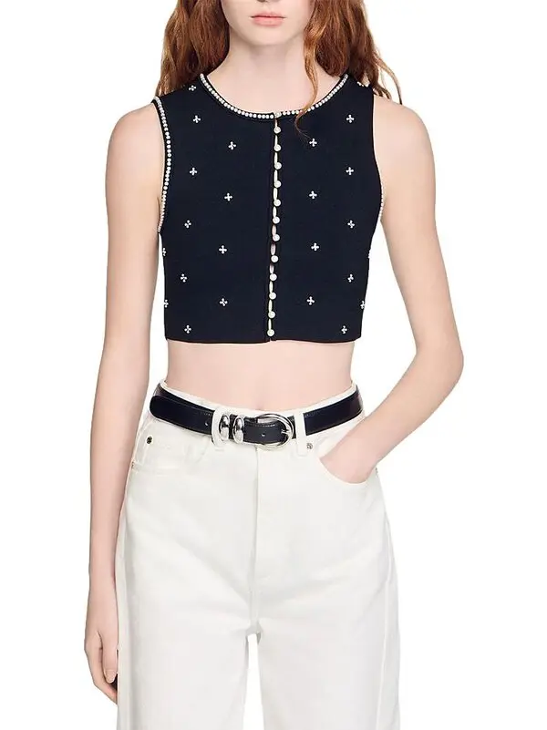 Sandro Embellished Embroidered Crop Top - Black