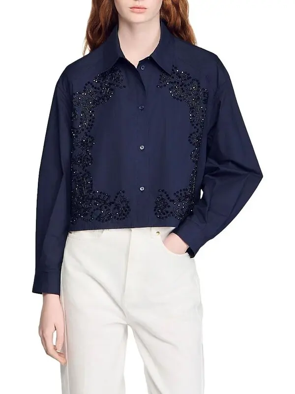 Sandro Beaded Embroidered Shirt - Navy Blue