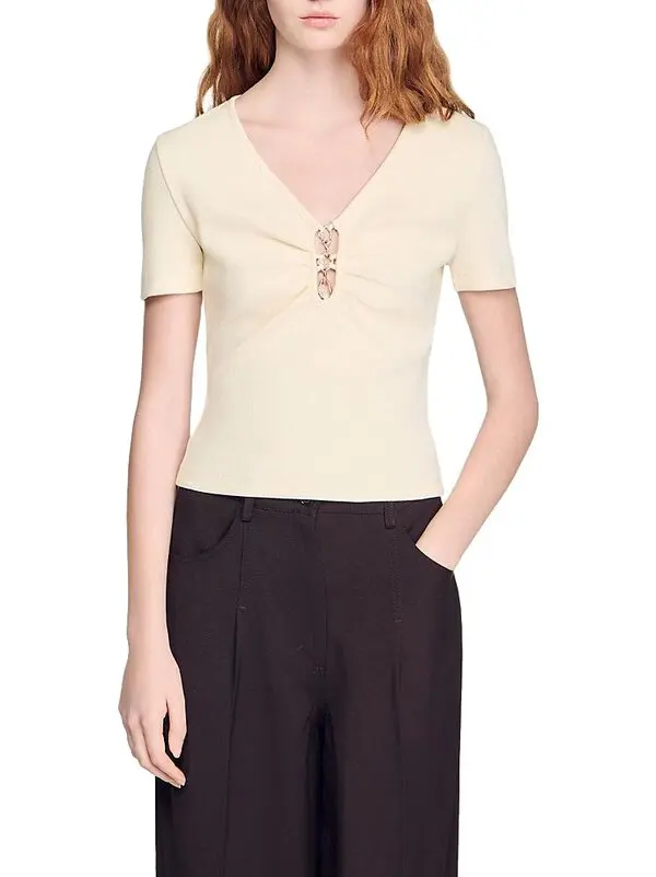 Sandro Embellished Cropped Tee - Ecru