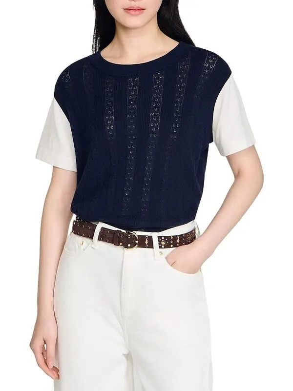 Sandro Layered Pointelle Knit Sweater - Navy Blue