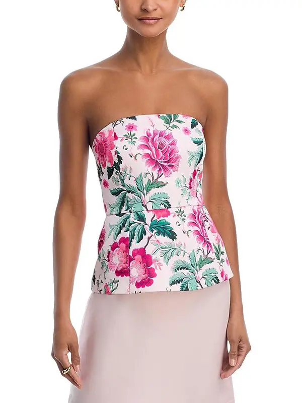 French Connection York Satin Floral Strapless Peplum Top - Pink Icing