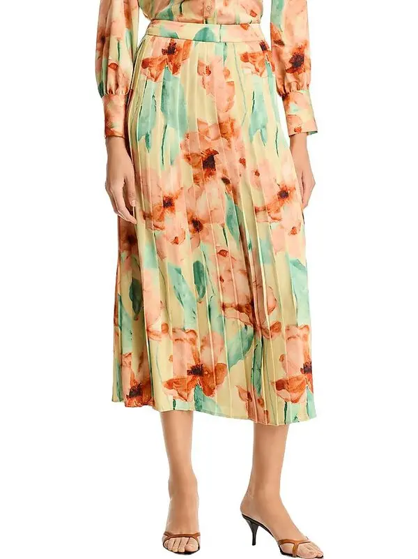 Misook Floral Pleated Crepe De Chine Skirt - Sunglow/amber Glow/fresh Mint/mystic Gre