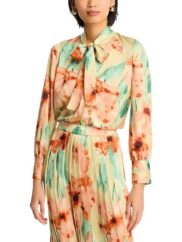Misook Floral Print Crepe De Chine Blouse - Sunglow/amber Glow/fresh Mint/mystic Gre