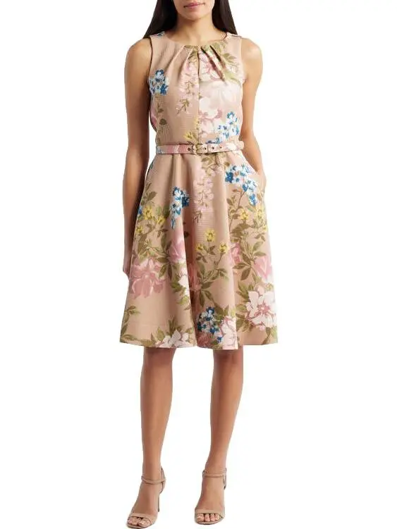 TAHARI ASL Floral Pleat Neck Fit & Flare Dress - Blush Toast