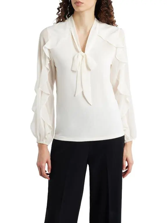 Anne Klein Ruffle Tie Neck Top - White Dove