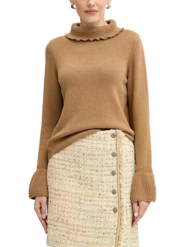Luisa Spagnoli Knitted Sweater With Ruffled Collar And Bell Cuffs - Brown