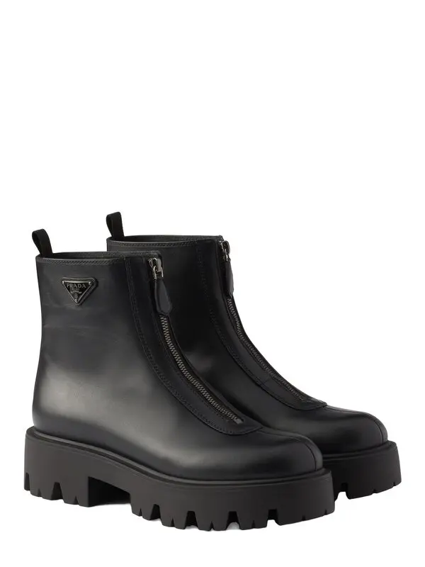 Prada Leather Zip-up Booties - Black